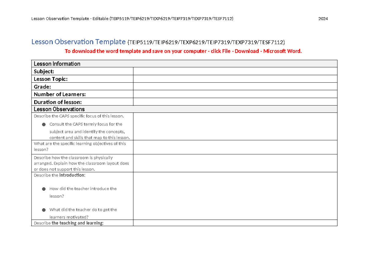 Lesson Observation Template (editable) - Lesson Observation Template ...