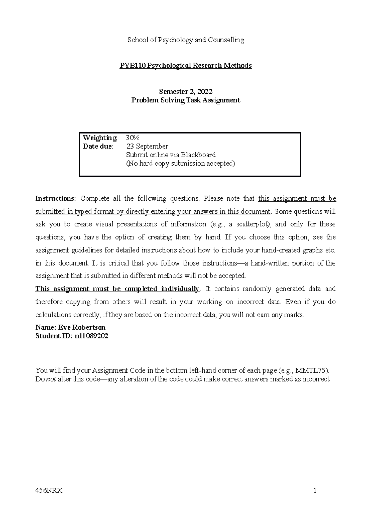 Evie pyb110 assignment - School of Psychology and Counselling PYB110 ...