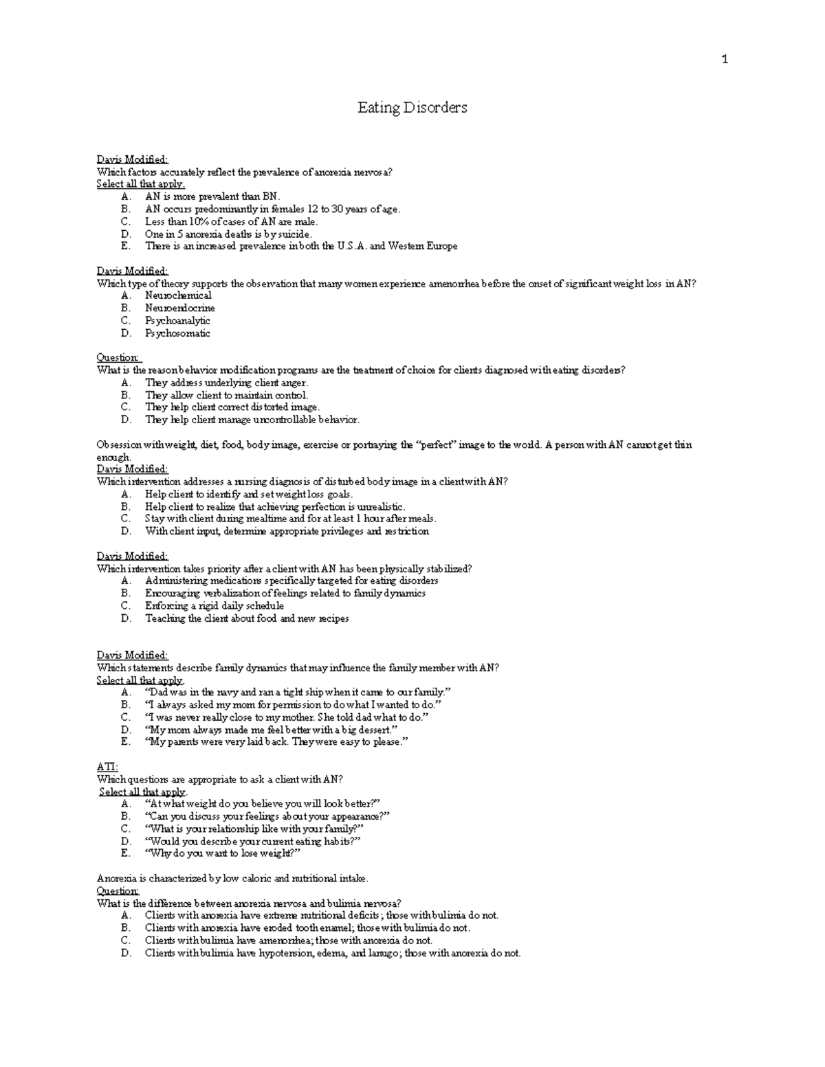 Eating Disorders Script with Answers - Eating Disorders Davis Modified ...