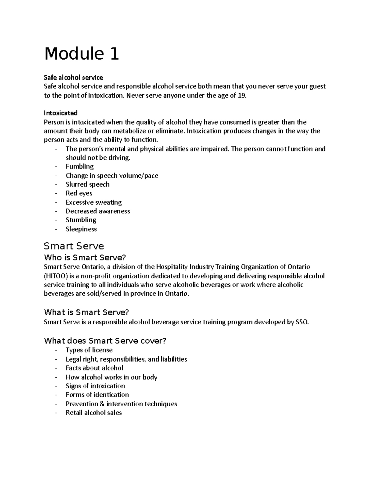Module 1 - Lecture notes 1 - Module 1 Safe alcohol service Safe alcohol ...