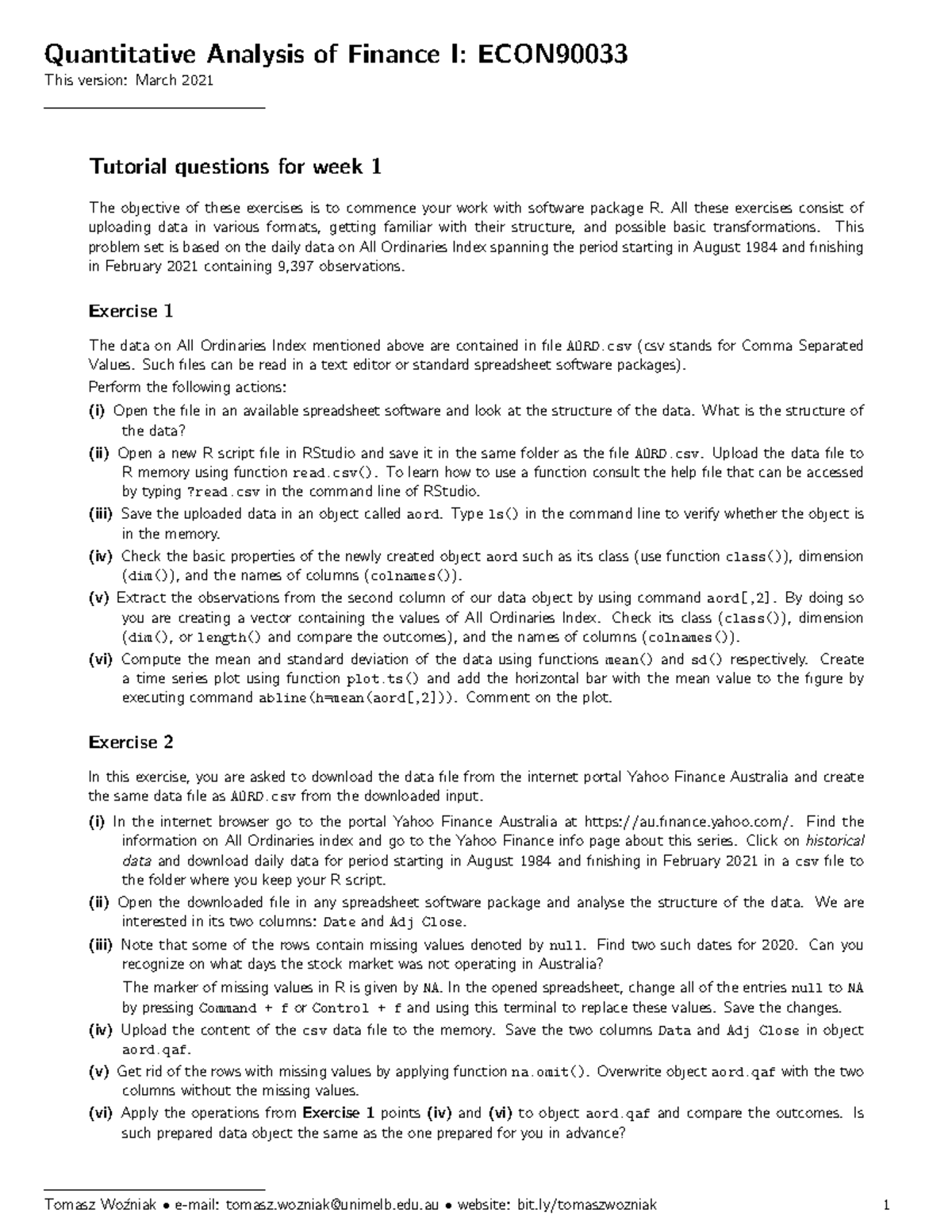 Qaf1-tutorial 1 - Quantitative Analysis of Finance I: ECON This version ...