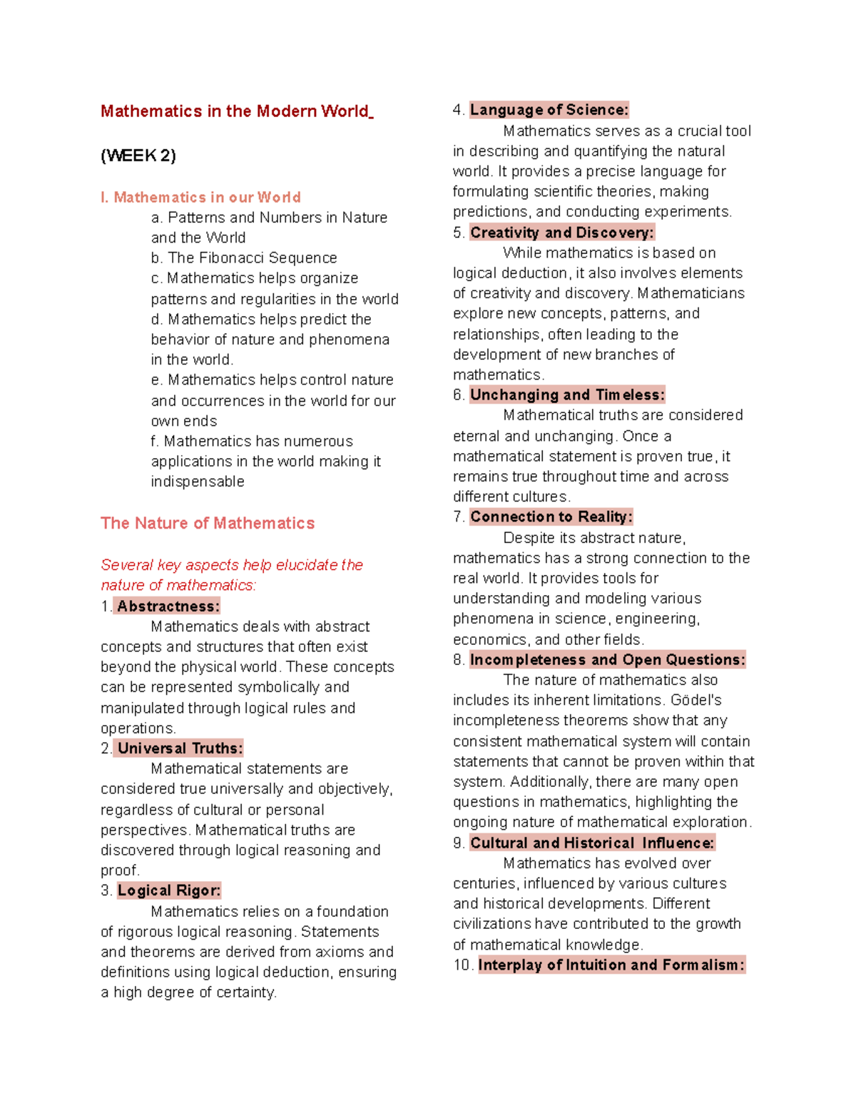 MAT101 prelim reviewer - Mathematics in the Modern World (WEEK 2) I. Mathematics in our World a ...