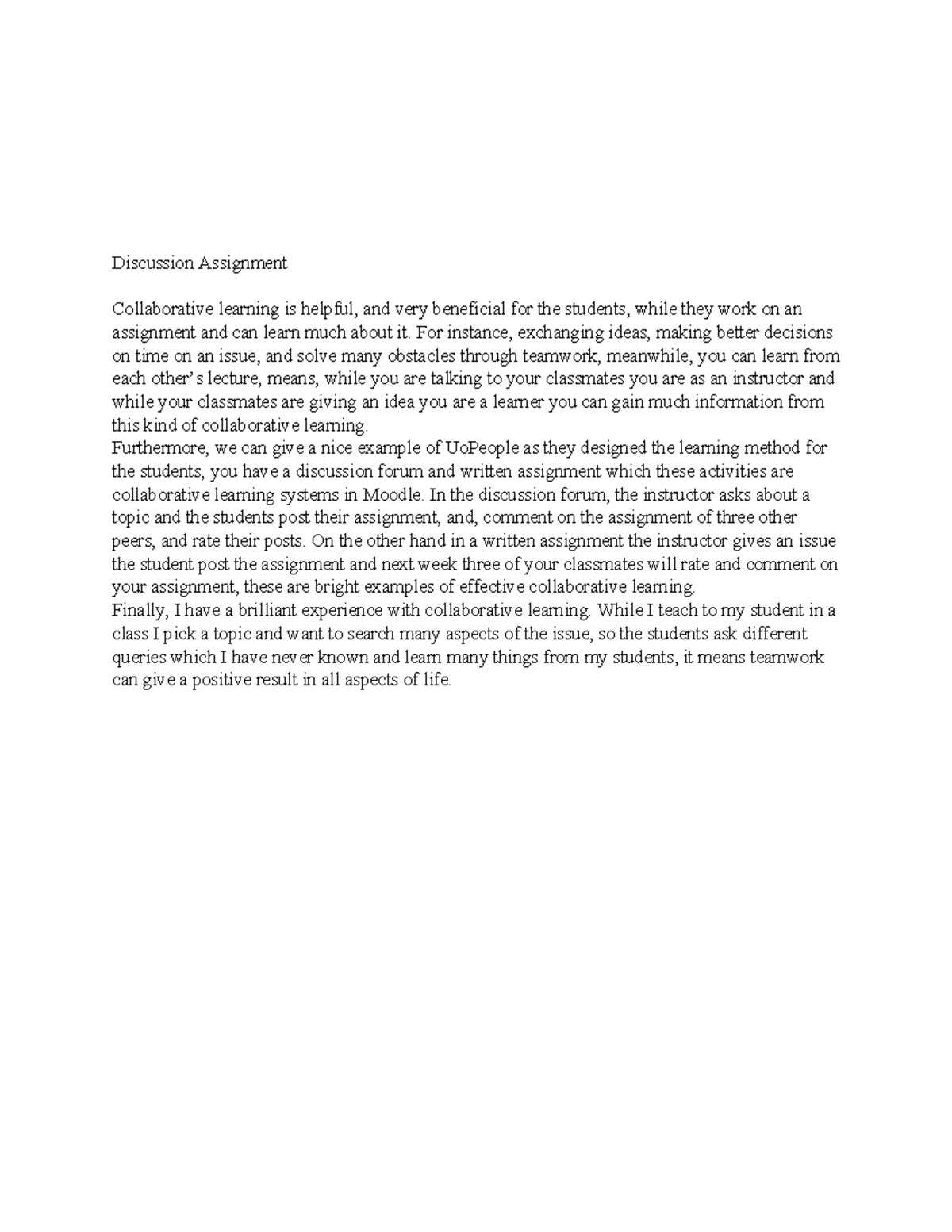 Discussion Assignment Discussion Assignment Collaborative Learning Is Helpful And Very
