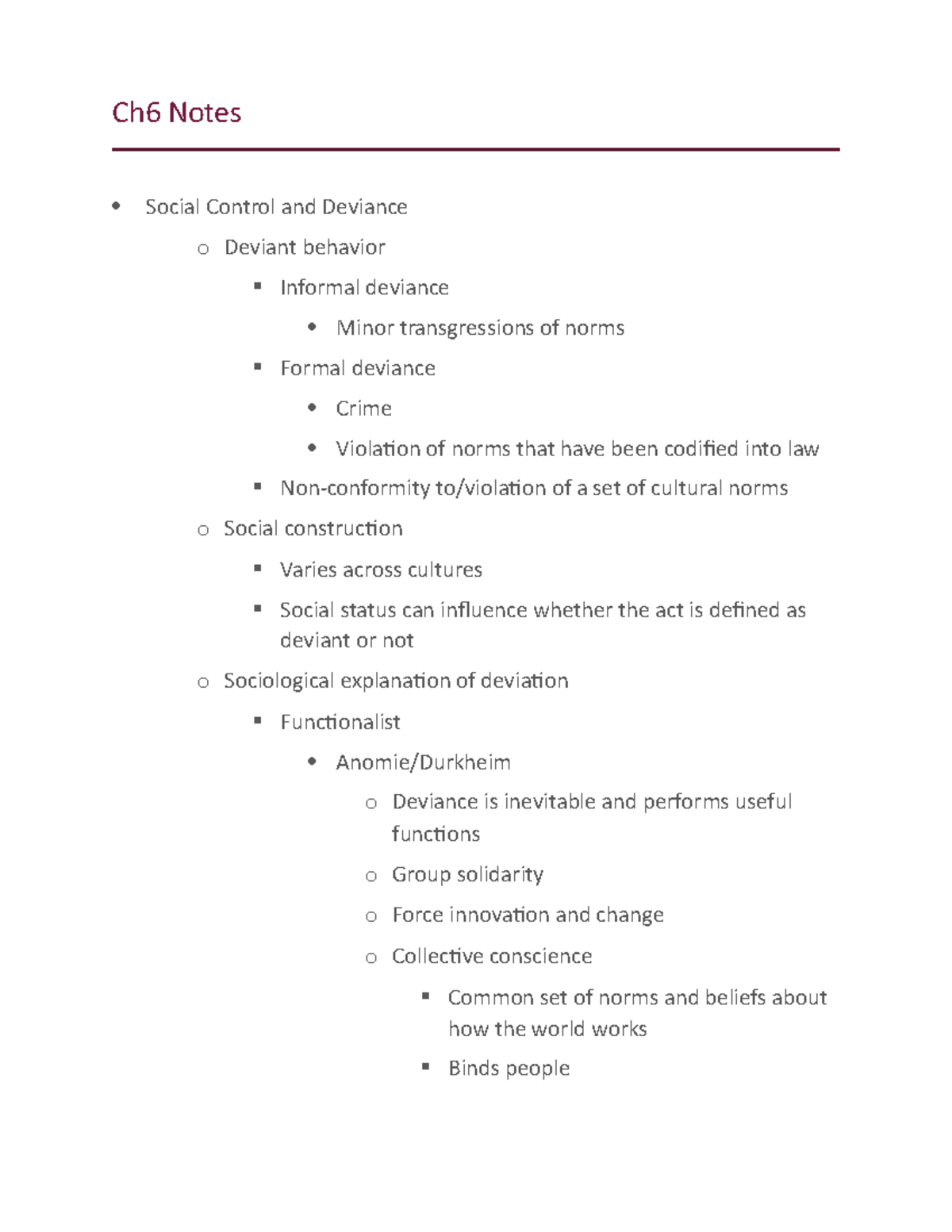 Chapter 6 Notes - Ch6 Notes Social Control and Deviance o Deviant ...