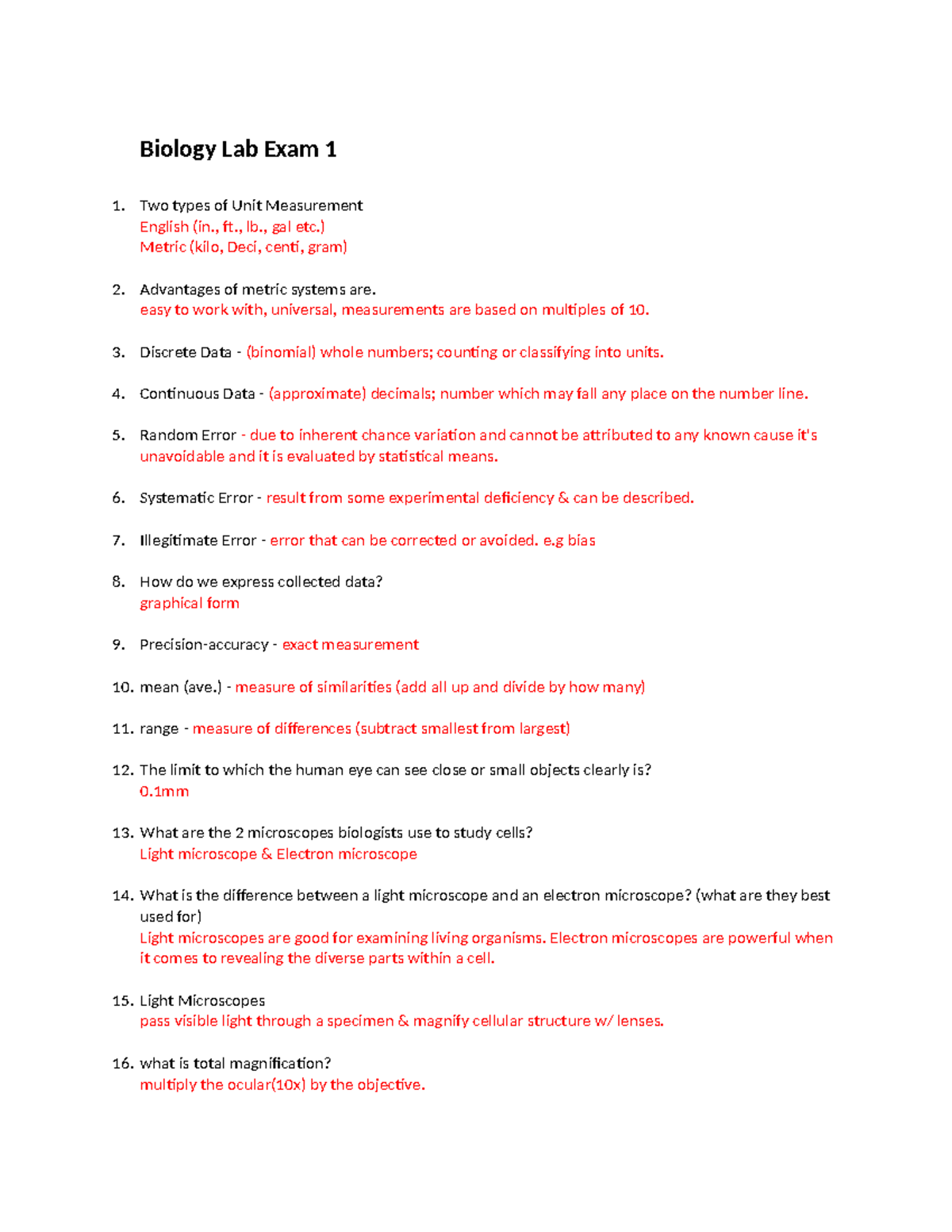 Biology Lab Exam 1 - , ft., lb., gal etc.) Metric (kilo, Deci, centi ...