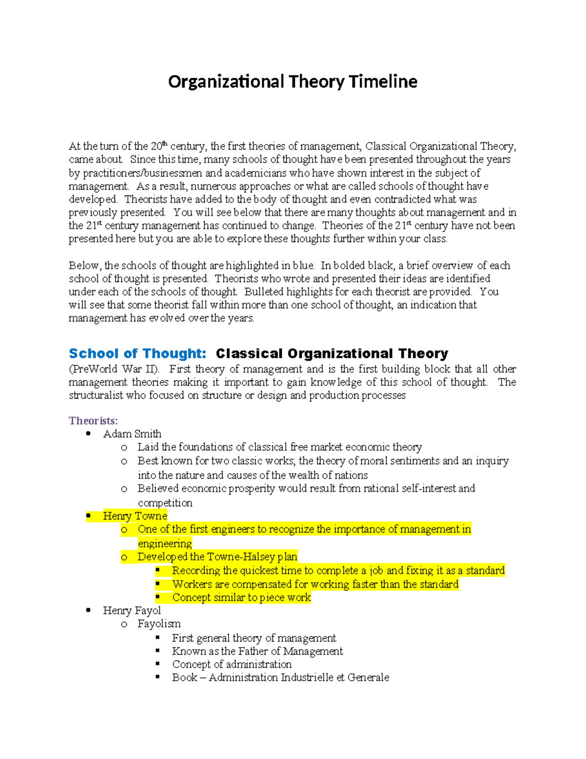 Organizational Theory Timeline - Since this time, many schools of ...