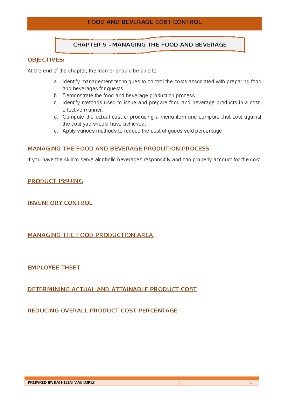 Module 5 Fn B Cost Control - OBJECTIVES: At the end of the chapter, the ...