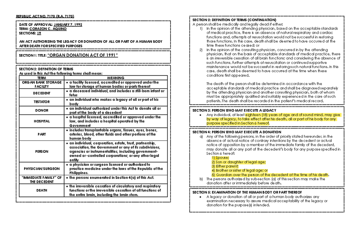 RA 7170 - notes for medtech law - REPUBLIC ACT NO. 7170 (R. 7170 ) DATE ...