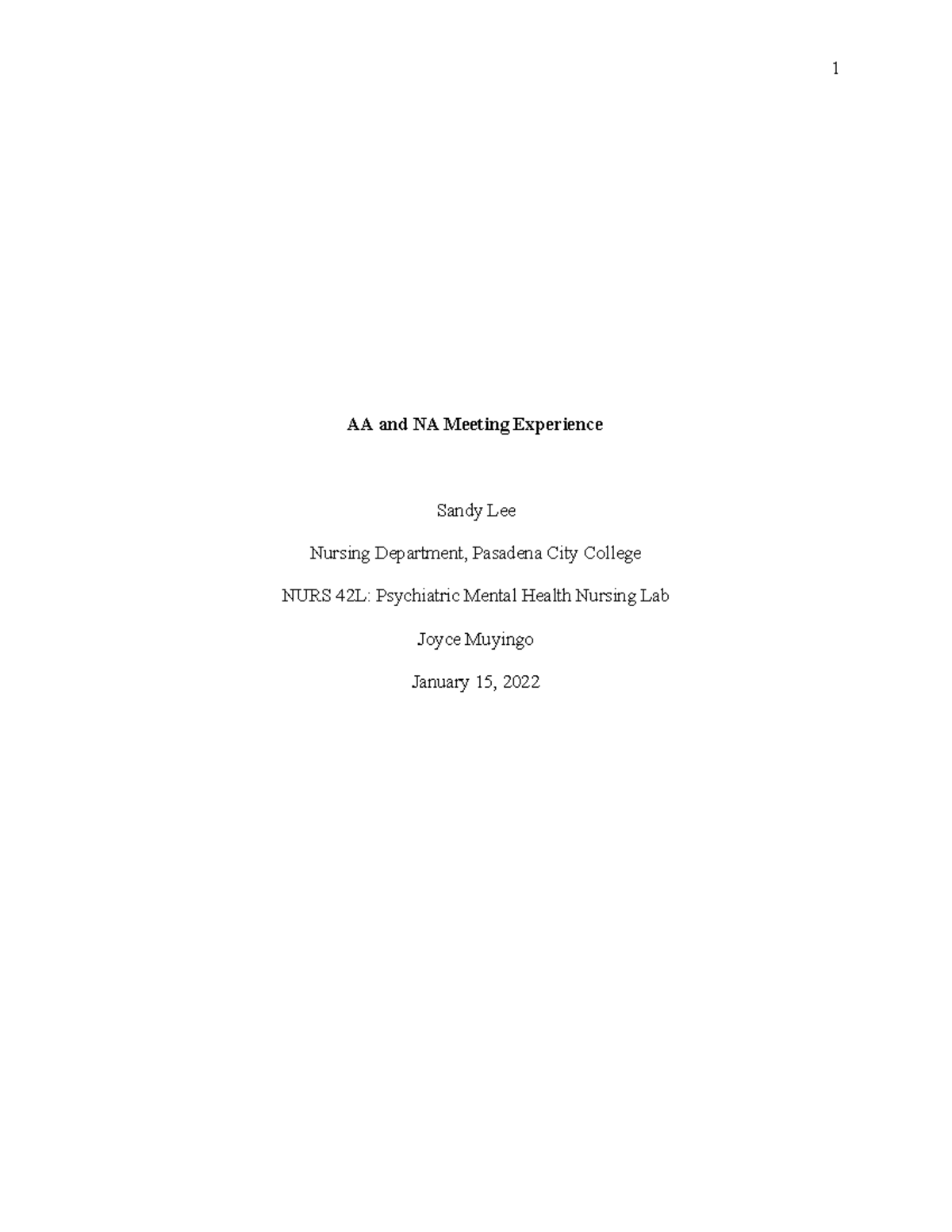 Psych AA paper - AA and NA Meeting Experience Sandy Lee Nursing ...