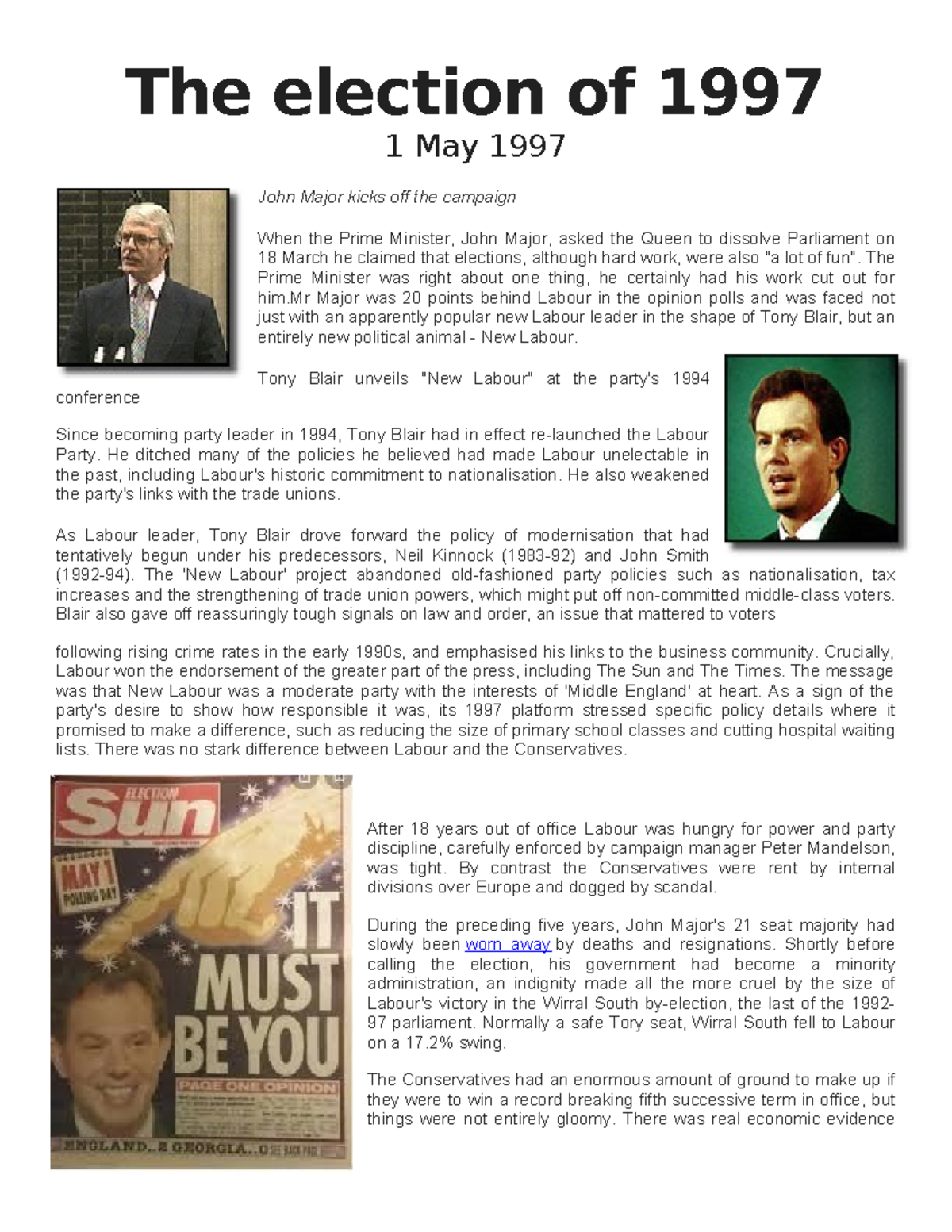 The election of 1997 - revision. - The election of 1997 1 May 1997 John ...