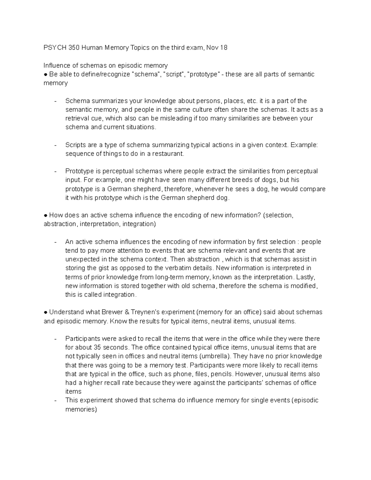 Exam3 350 - review sheet for the third exam - PSYCH 350 Human Memory ...