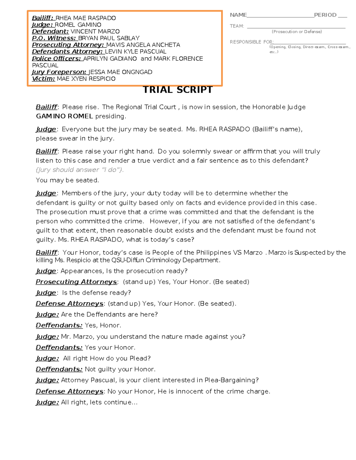 Trial Script-1 Mock Trial - Bailiff: RHEA MAE RASPADO Judge: ROMEL ...