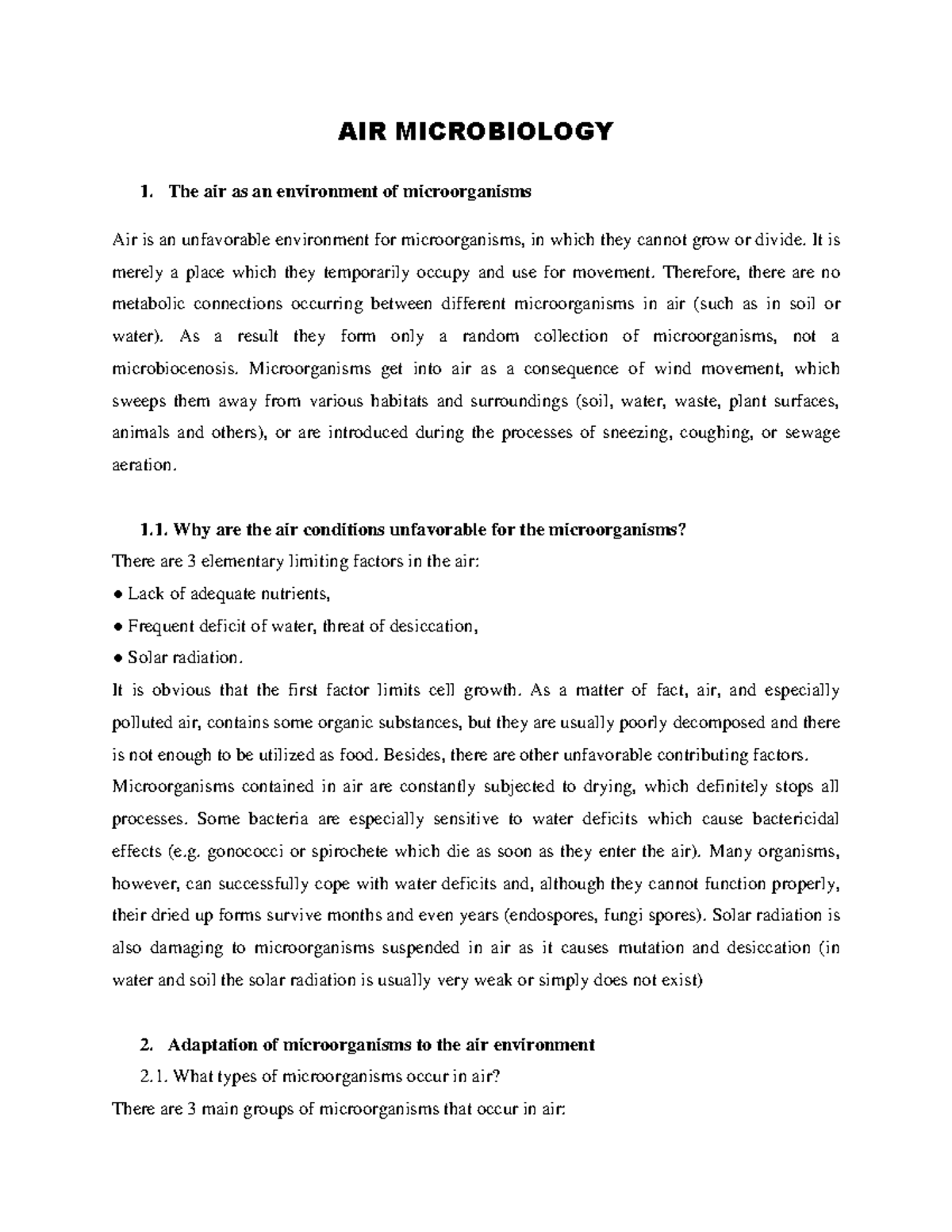 MCB 316 - first NOTE - Microbiology notes - AIR MICROBIOLOGY The air as ...