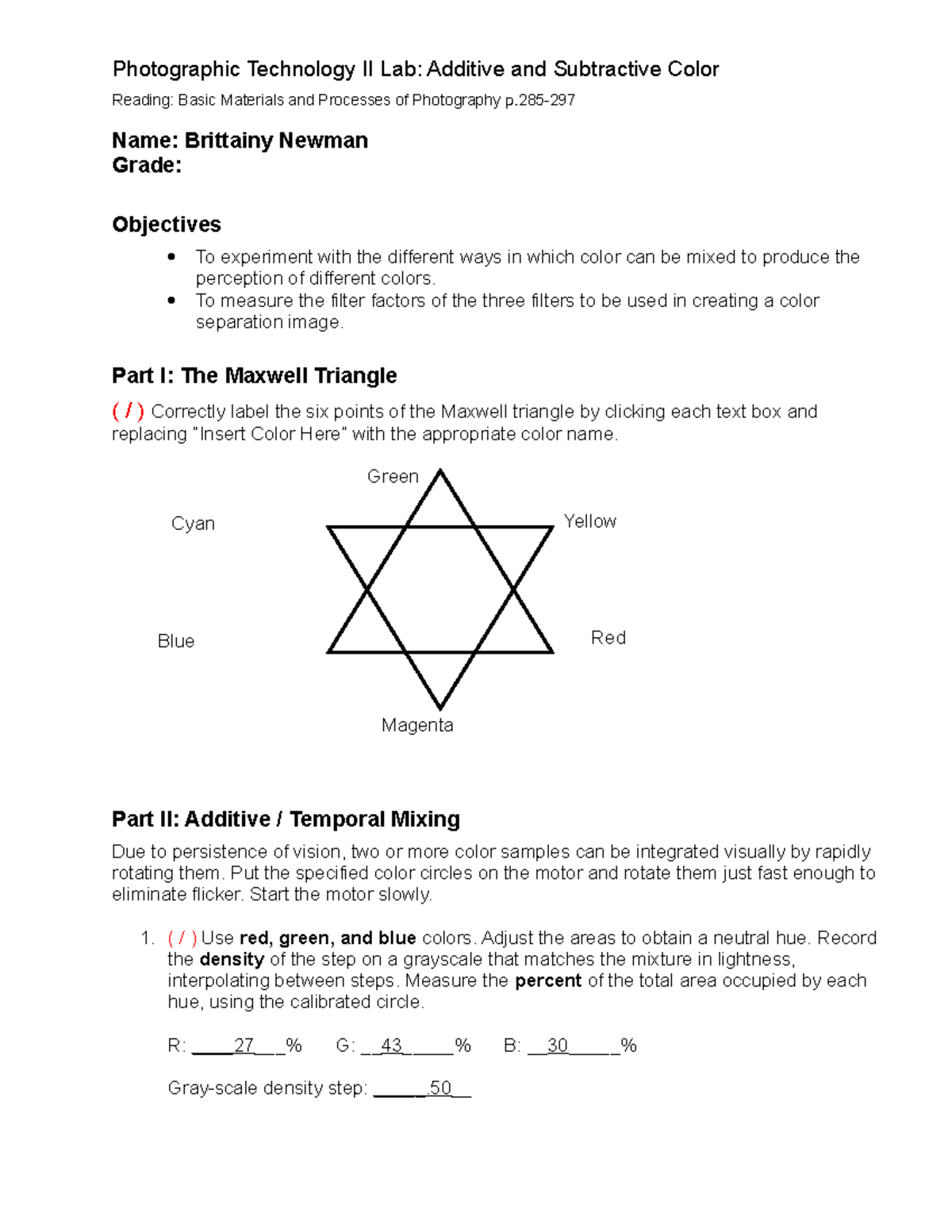 Newman Additiveand Subtractive Color Lab - Photographic Technology II ...