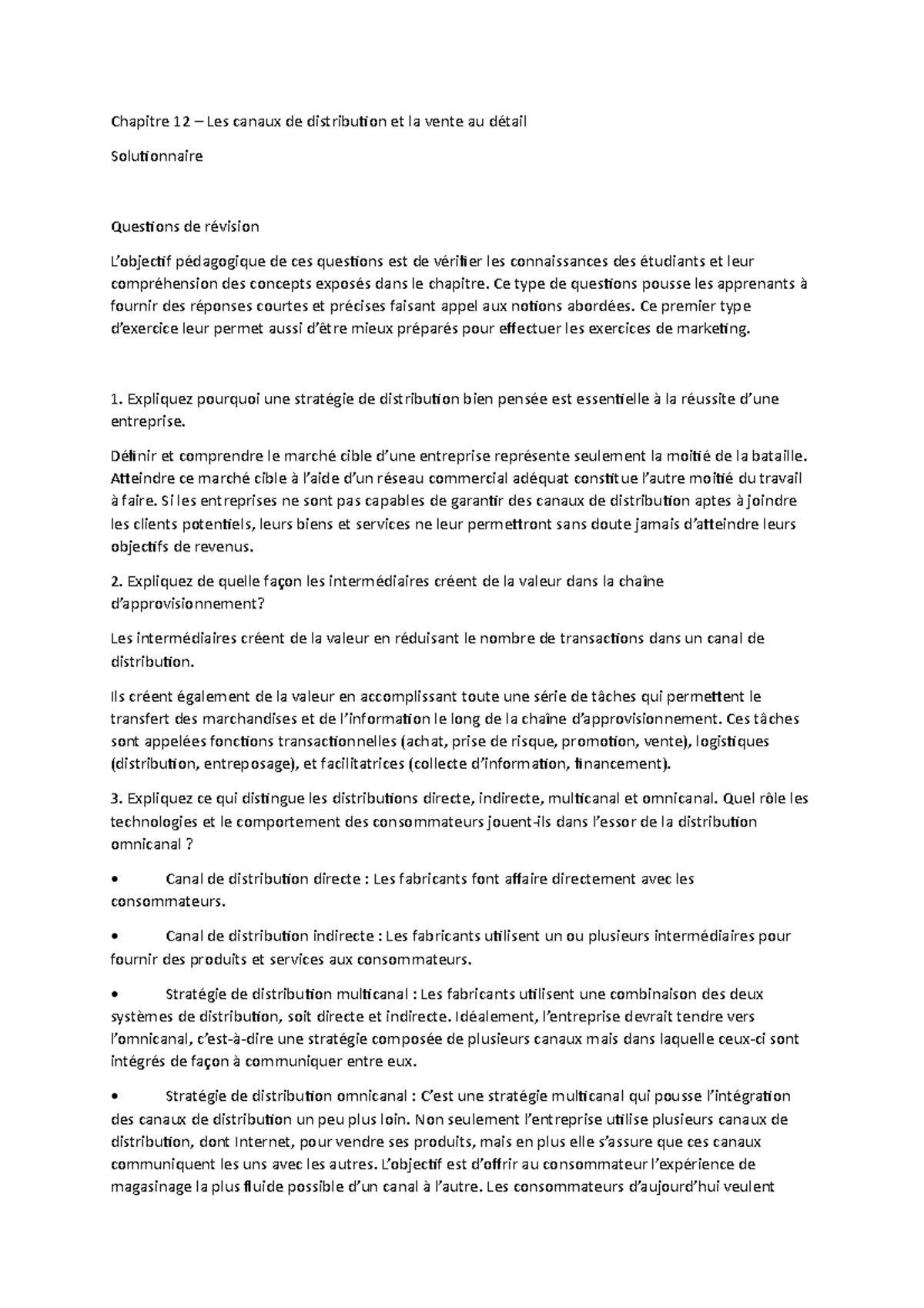 Chapitre 12 - manuel - Chapitre 12 – Les canaux de distribution et la vente au détail ...