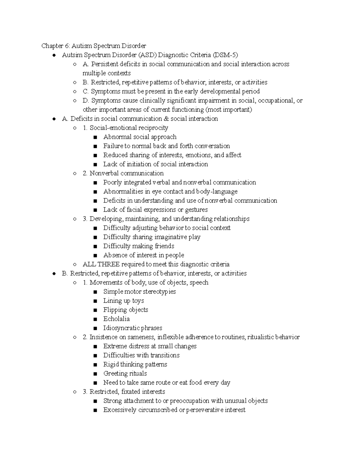 CLP4134 chapter 6 notes - Chapter 6: Autism Spectrum Disorder Autsim ...