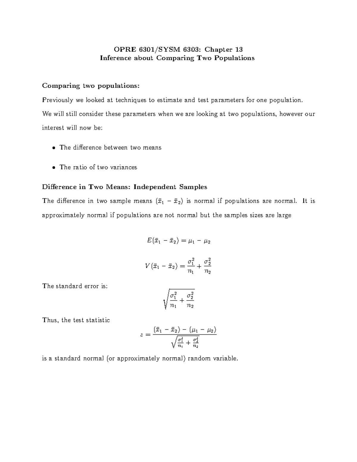 Chapter 13 - OPRE 6301 - OPRE 6301/SYSM 6303: Chapter 13 Inference about Comparing Two ...