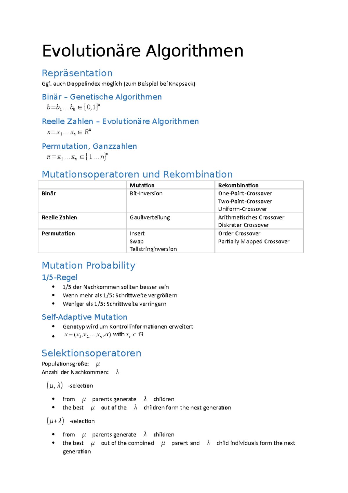Zusammenfassung - Evolutionäre Algorithmen - Evolutionäre Algorithmen ...