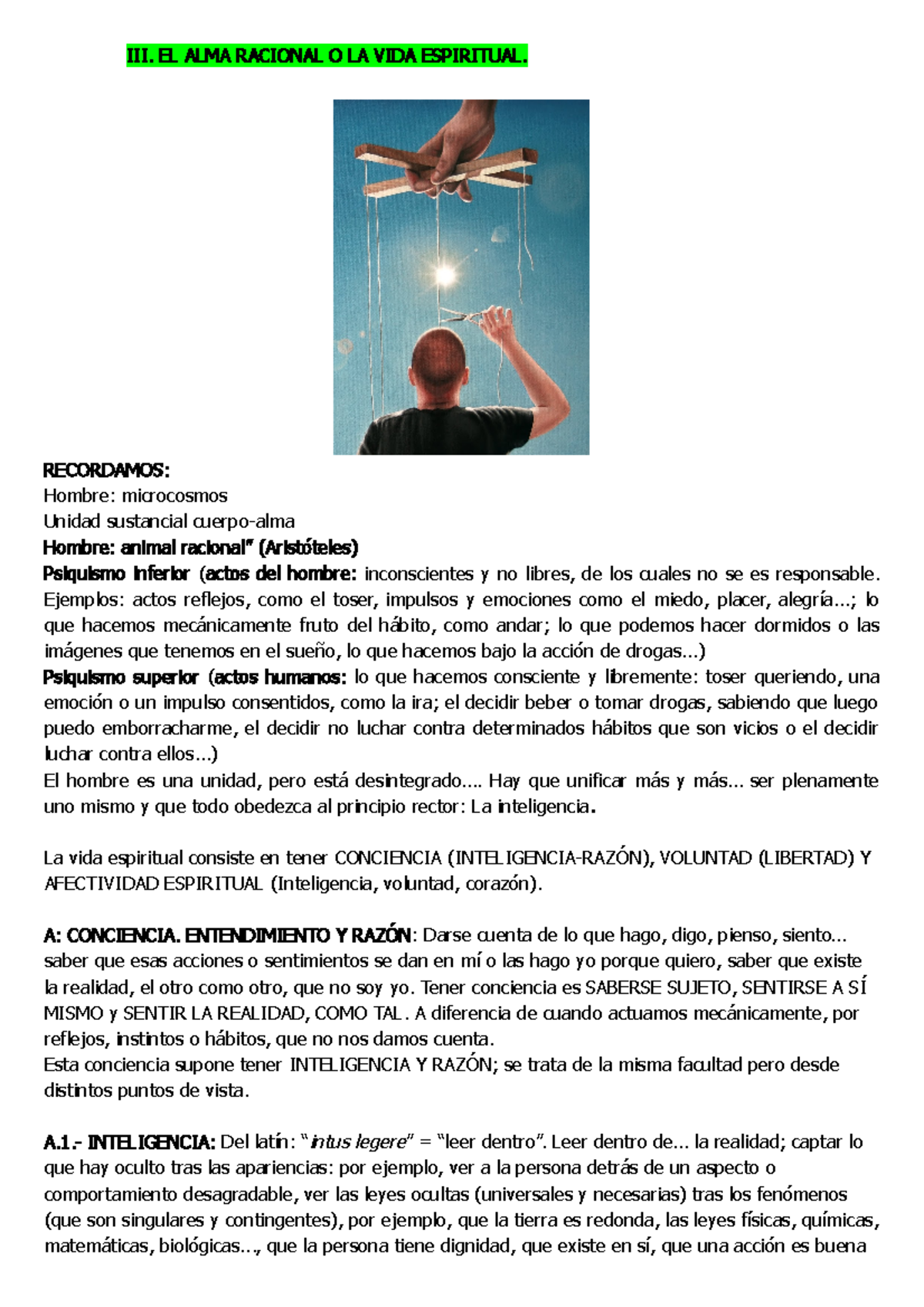 EL Hombre. Facultades Espirituales - III. EL ALMA RACIONAL O LA VIDA ...
