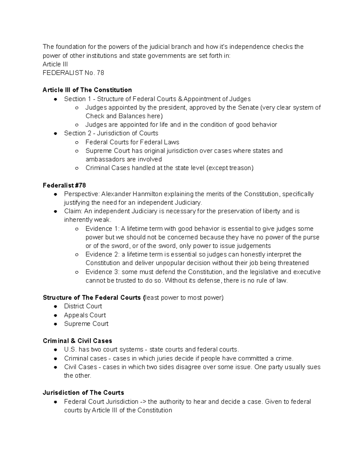 Judicial Branch Class Notes - The foundation for the powers of the ...
