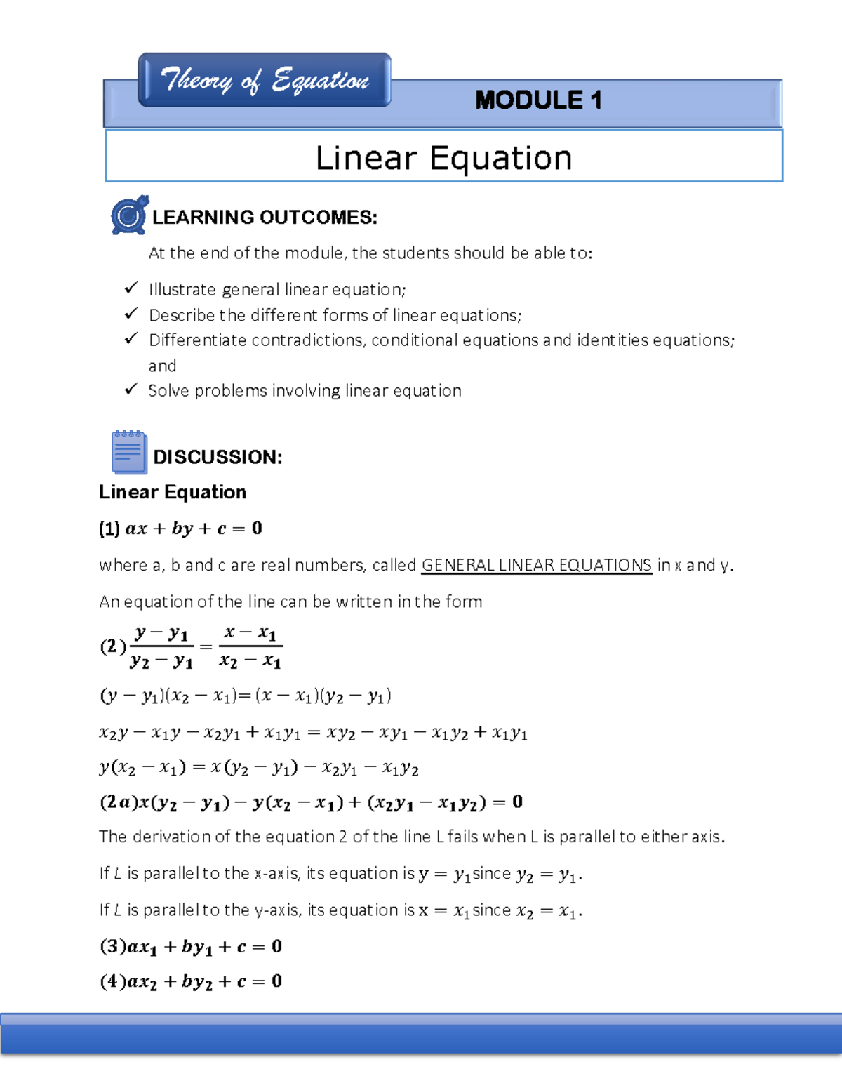 1 AYAP - Just nothimg - MODULE 1 Linear Equation LEARNING OUTCOMES: At ...