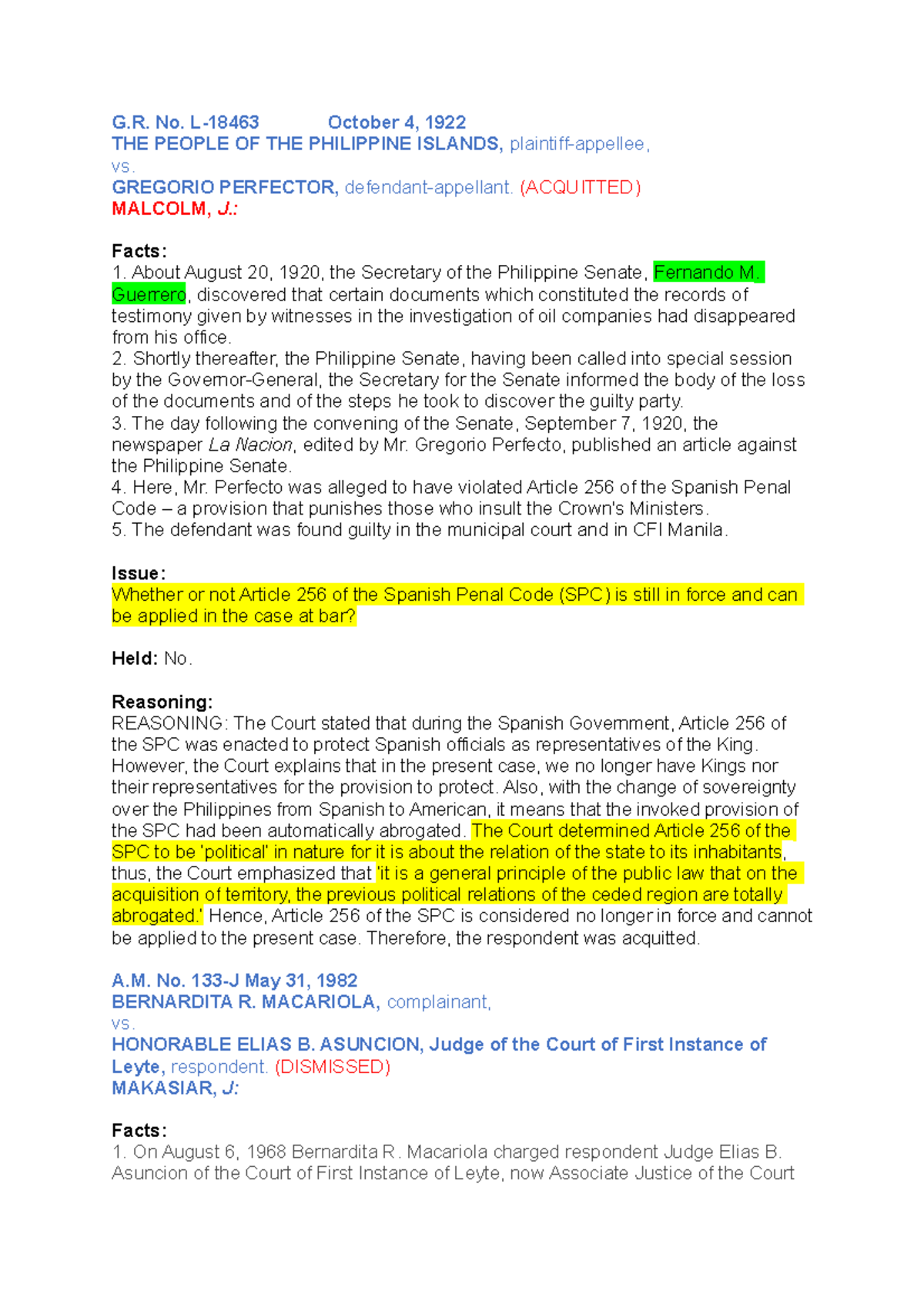 1st meeting cases - case digest - G. No. L-18463 October 4, 1922 THE ...