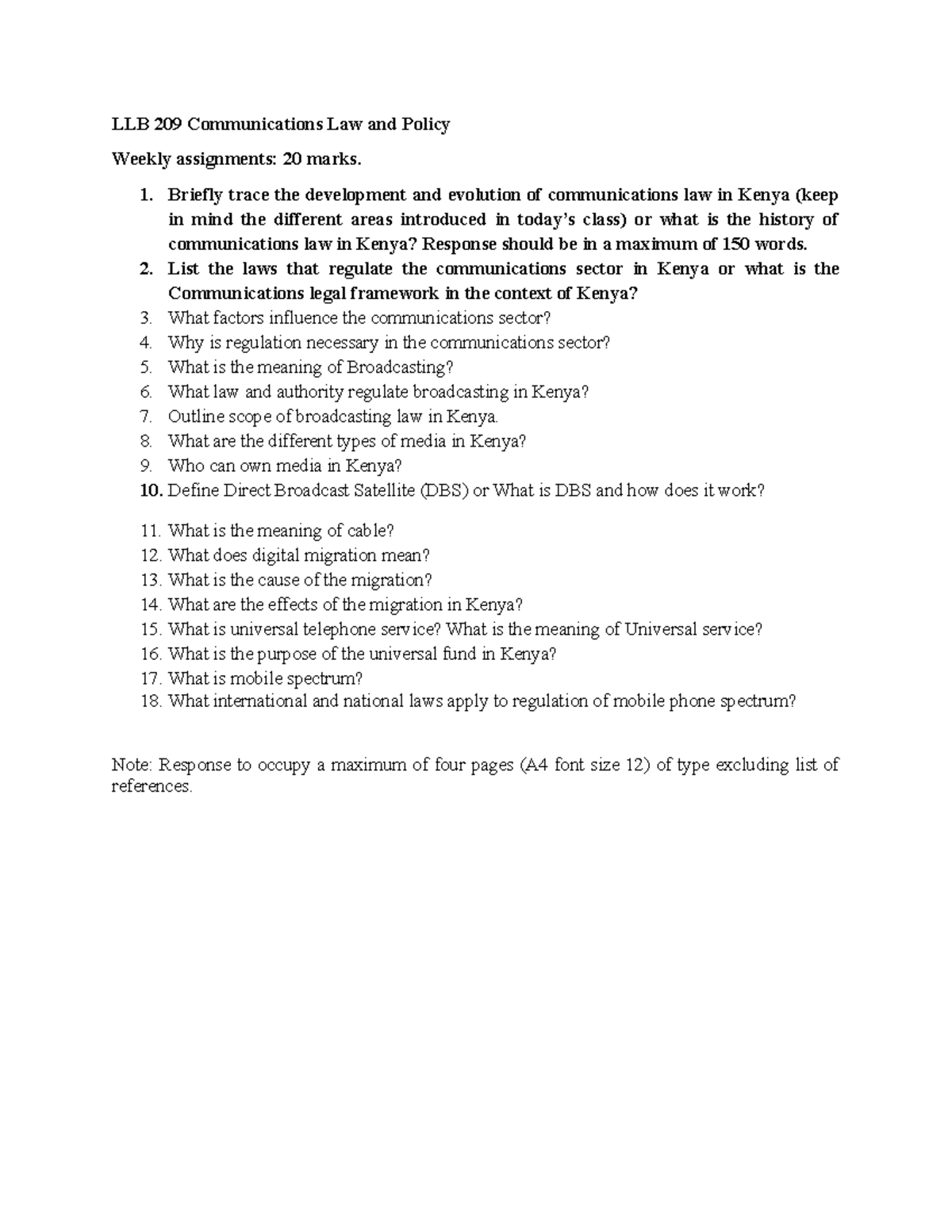 Questions and Answers on Communication Law and Policy - LLB 209 ...