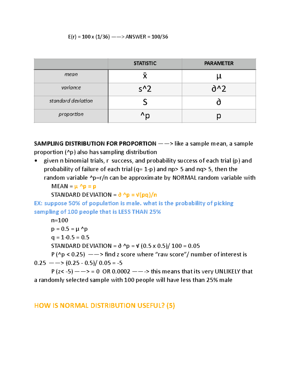 ECON 321 CH 8 - notes - E(r) = 100 x (1/36) 44> ANSWER = 100/ SAMPLING ...