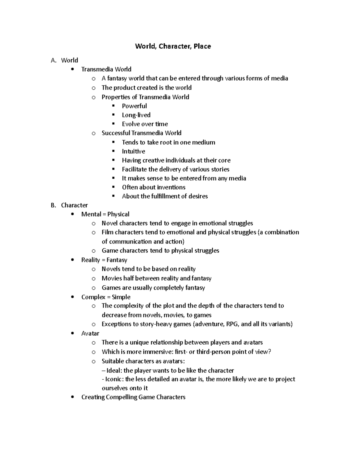 World Game Concept Design - World, Character, Place A. World Transmedia ...
