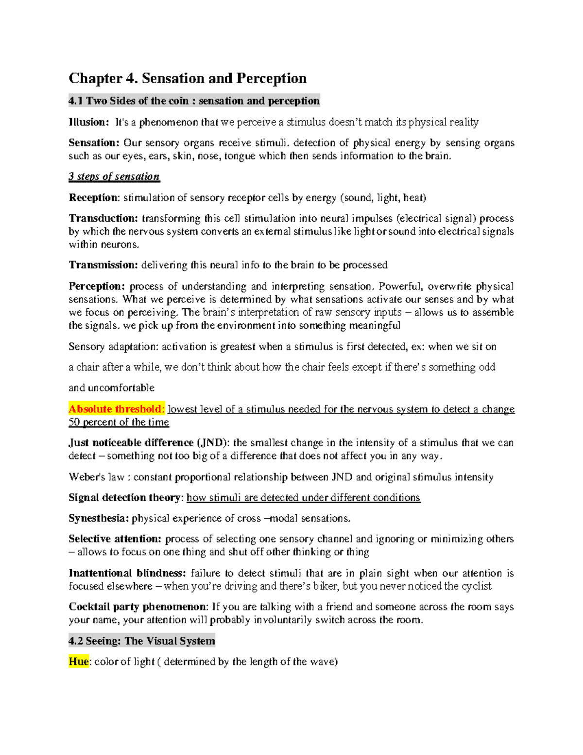 Studyguide Ass-4 Sensation and Perception - Chapter 4. Sensation and ...