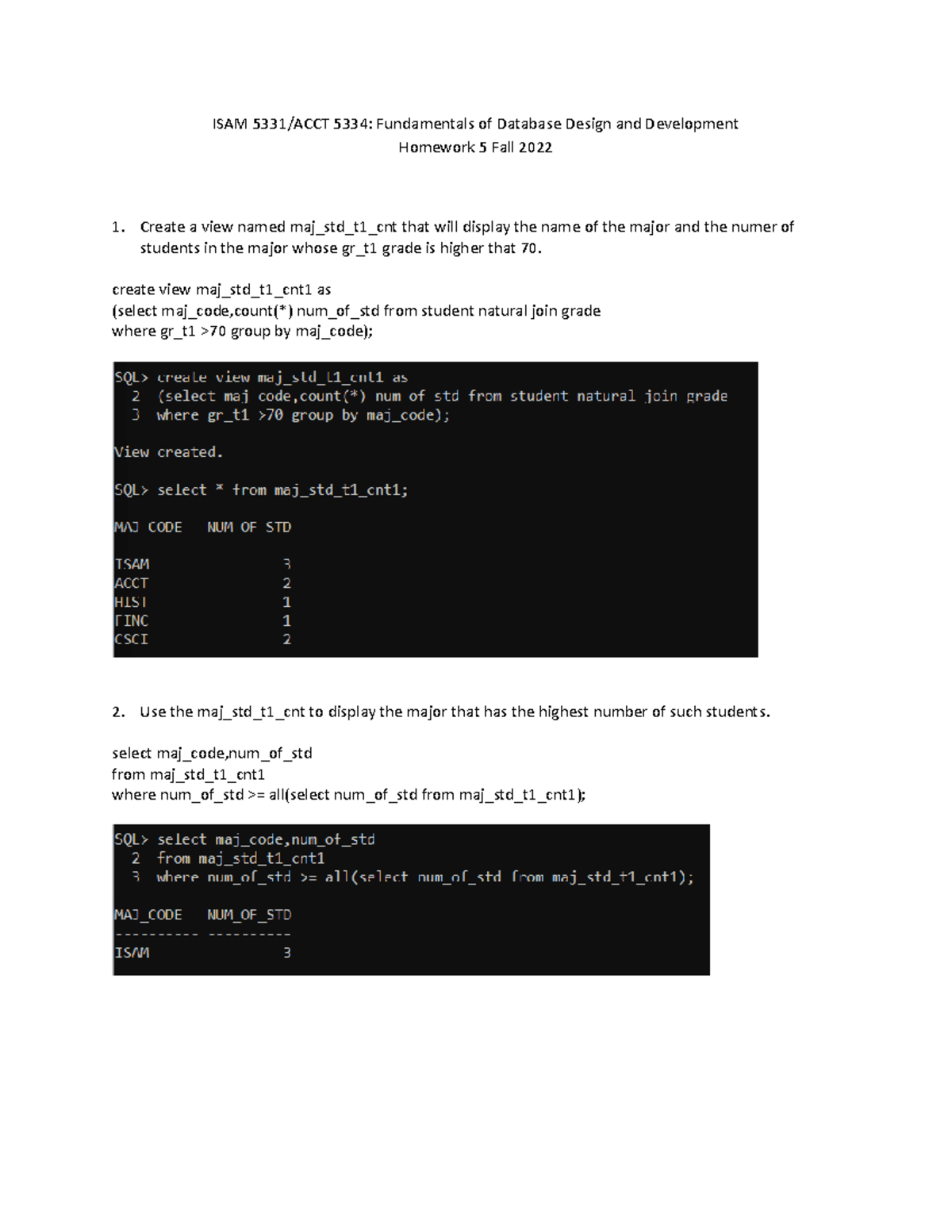 Isam Homework Sql Practice Questions Isam 5331acct 5334 Fundamentals Of Database Design