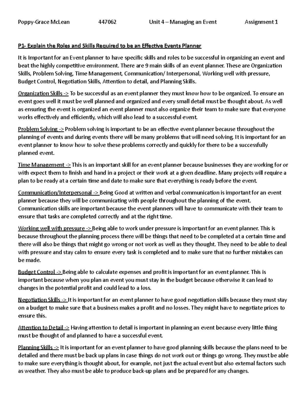 Unit 4 - Managing an Event Assingment 1 Poppy-Grace Mc Lean - Poppy ...