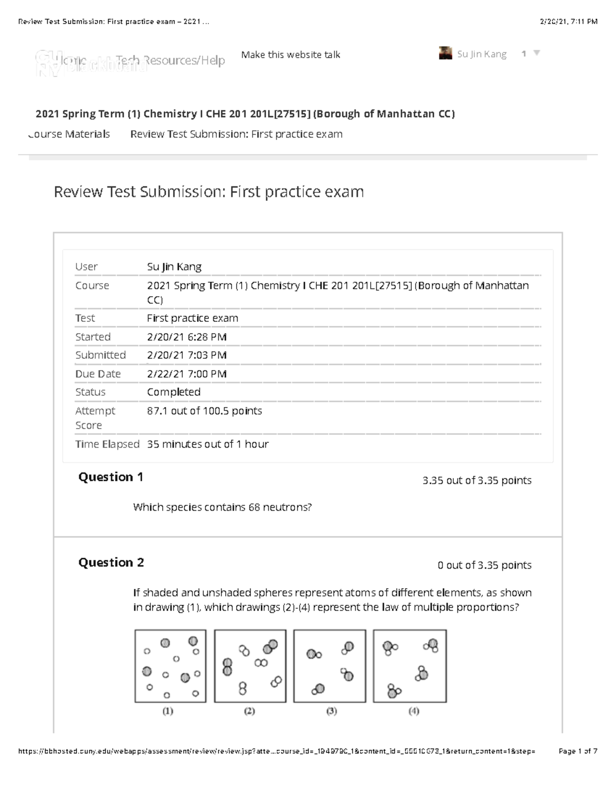 Chem Practice Exam 1 - CHE 110 - BMCC - Studocu