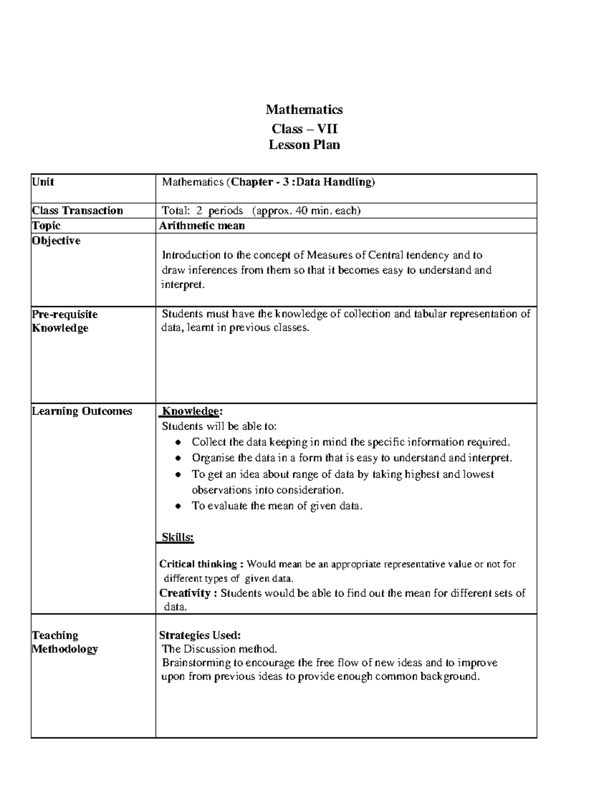 Lesson plan 2 data handling - Mathematics Class – VII Lesson Plan Unit ...