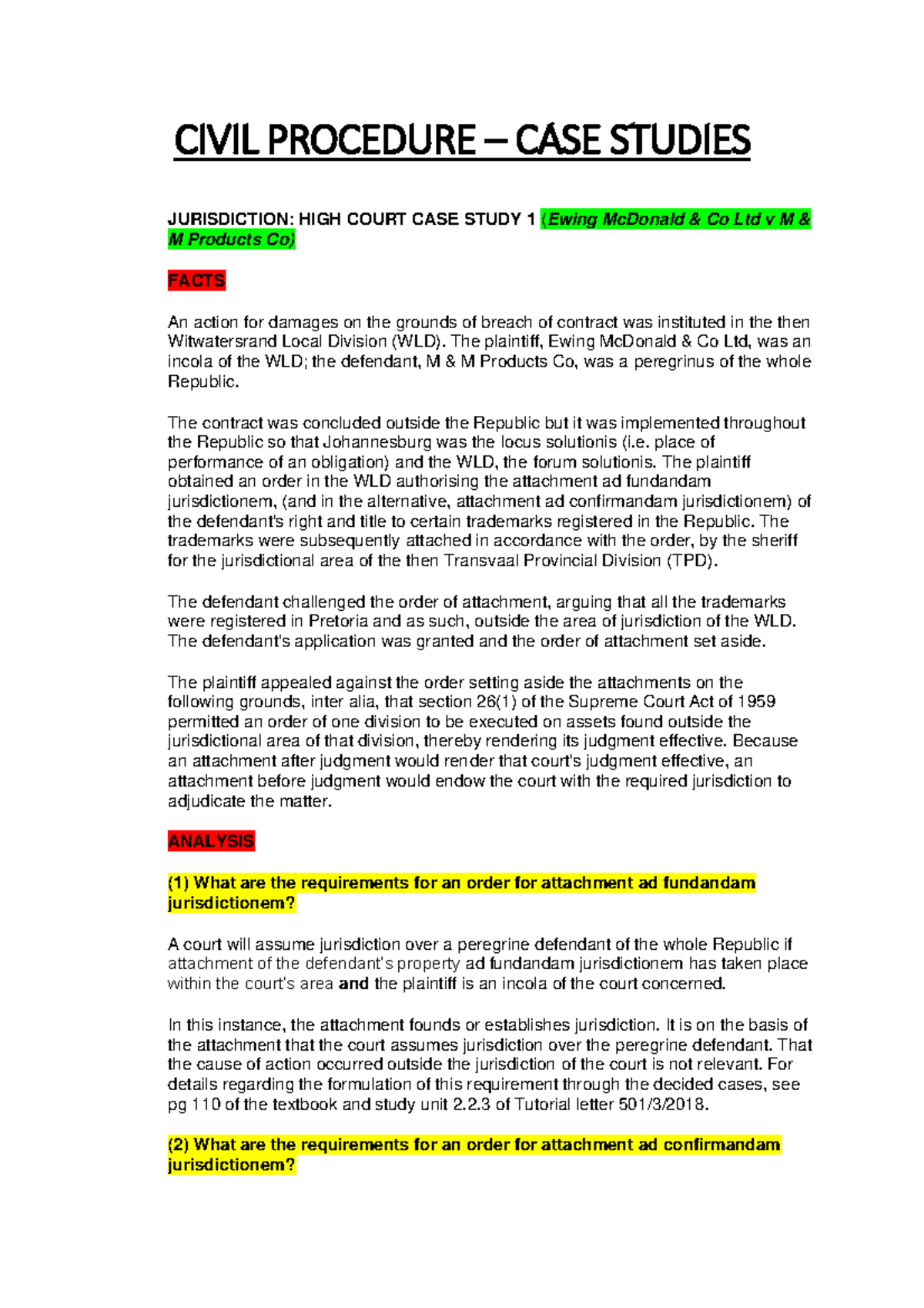 CIV CASE Studies - Summaries of notes and case. Use for exam ...