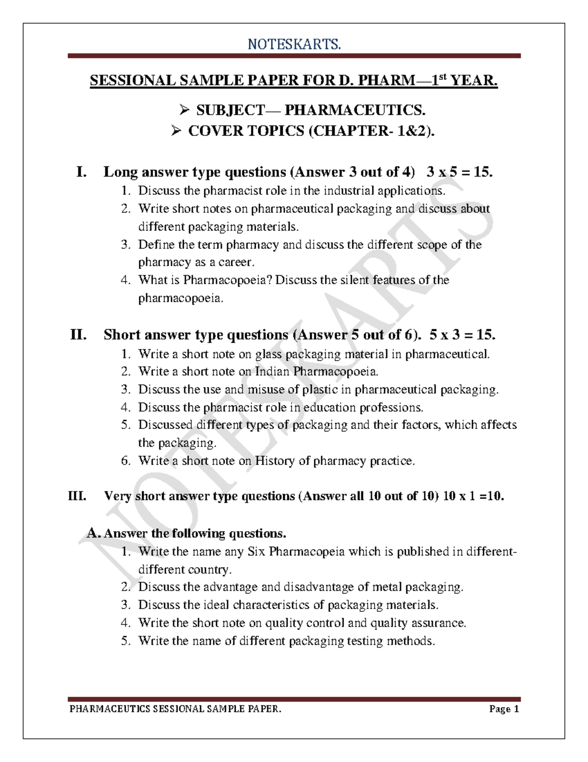 Pharmaceutic Sessional sample paper for D - NOTESKARTS. PHARMACEUTICS ...