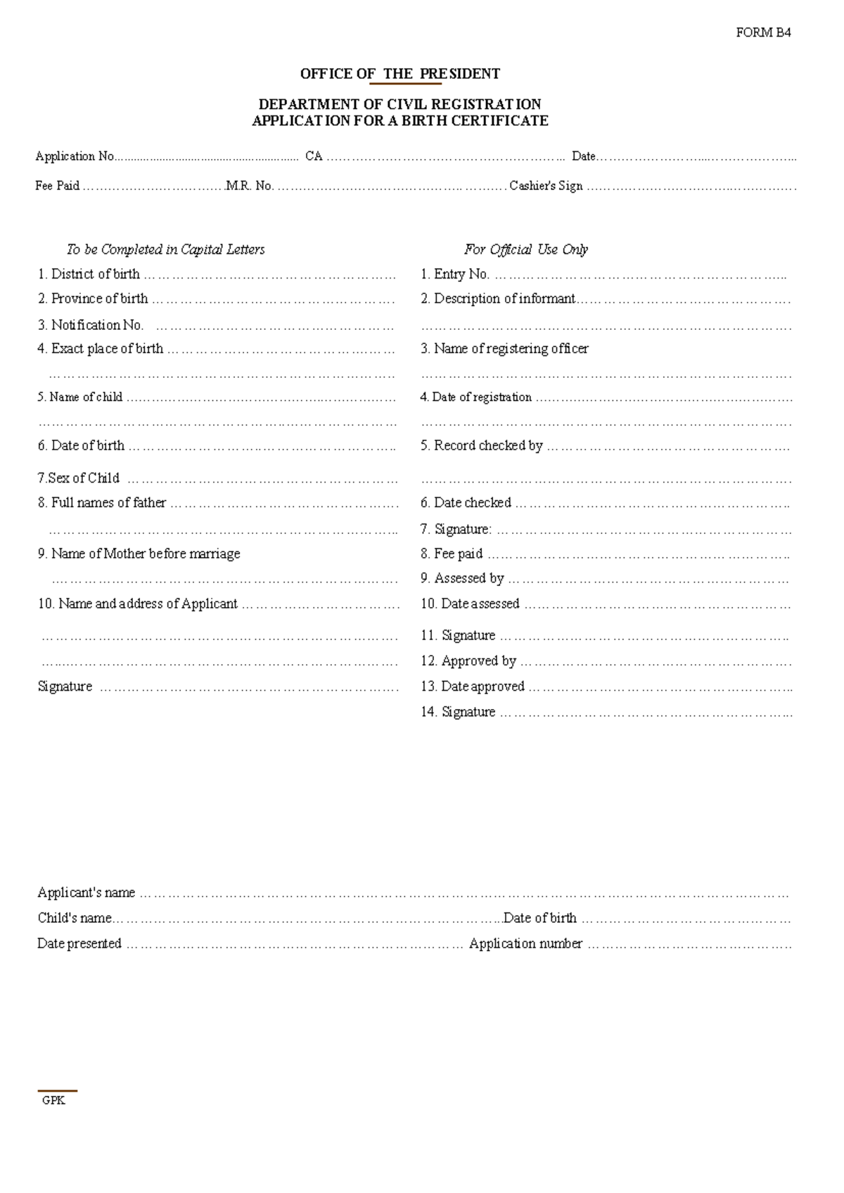 Kenya Birth Application Birth Certificate Form-B4 - To be Completed in ...