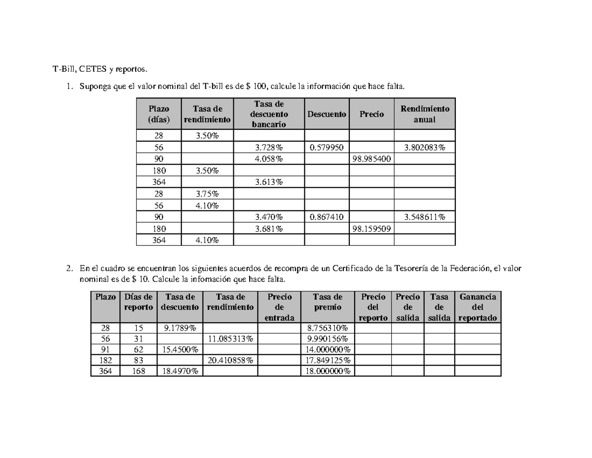 T Bill Cetes y reportos-Ejercicios - T-Bill, CETES y reportos. 1 ...