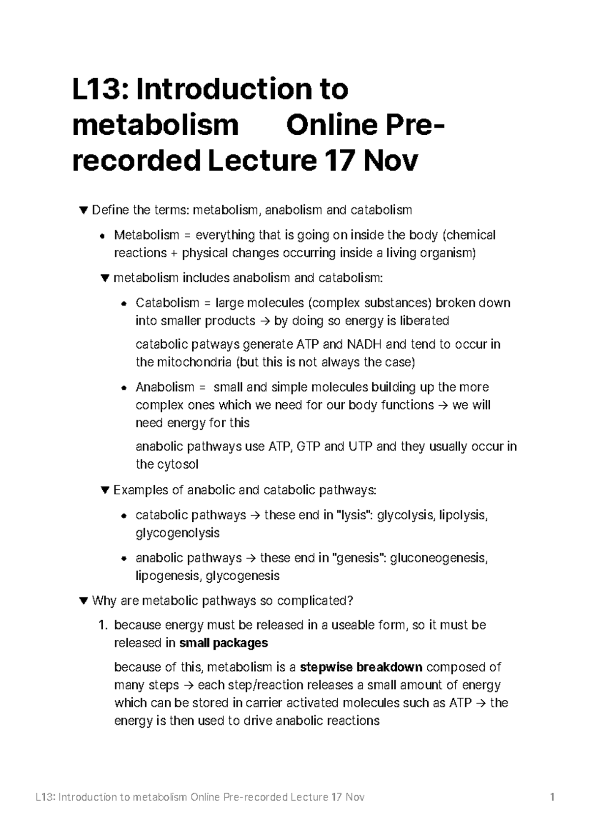 L13 Introduction to metabolism - L13: Introduction to metabolism Online ...