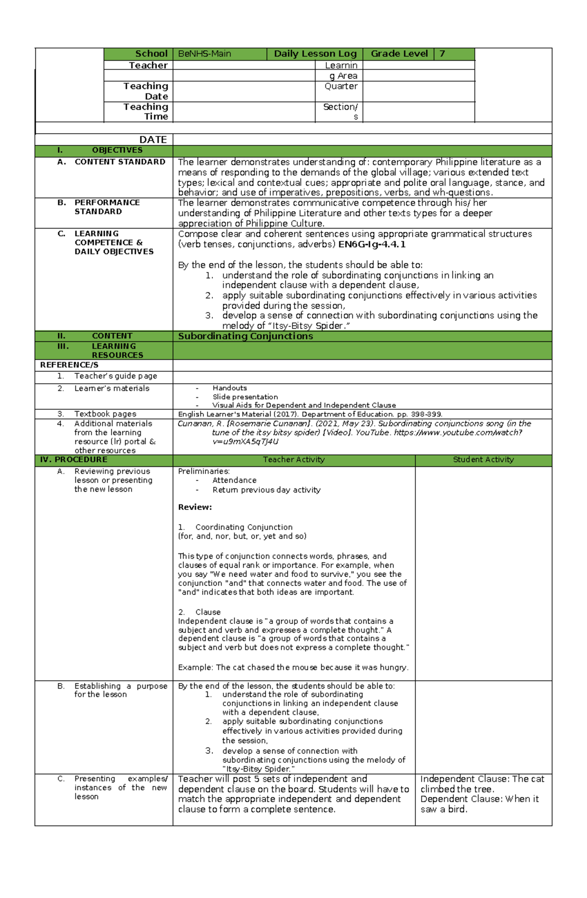 Subordinating Conjunctions - DATE I. OBJECTIVES A. CONTENT STANDARD The ...