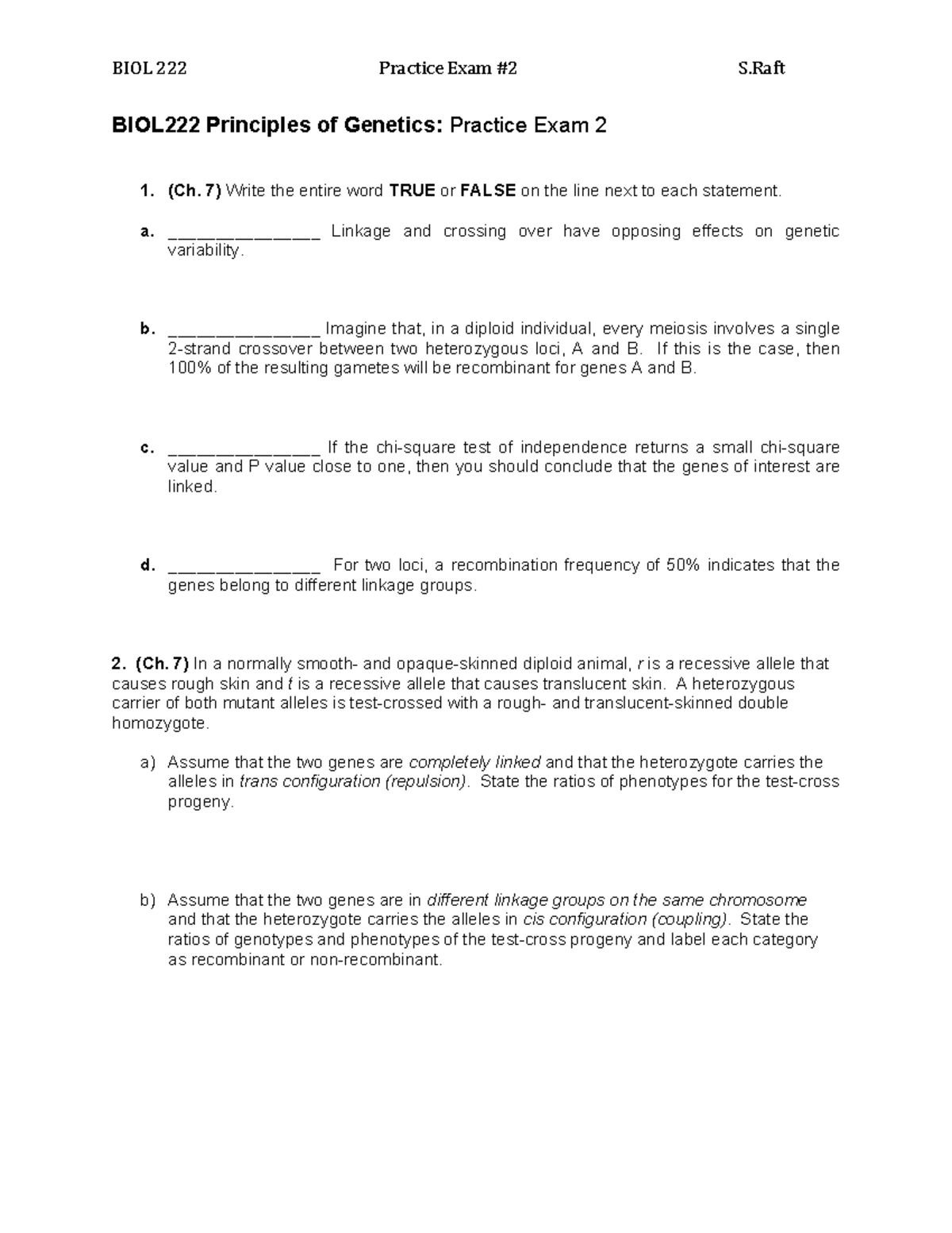 Practice Exam 2 - genetics - BIOL222 Principles of Genetics: Practice ...