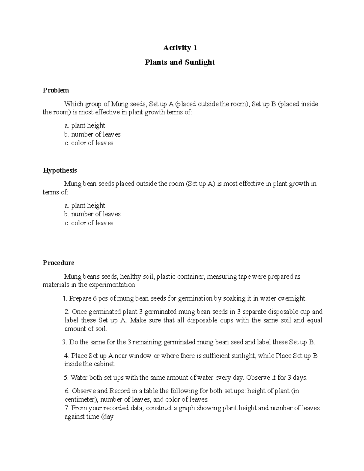 Plants and Sunlight - Activity 1 Plants and Sunlight Problem Which ...