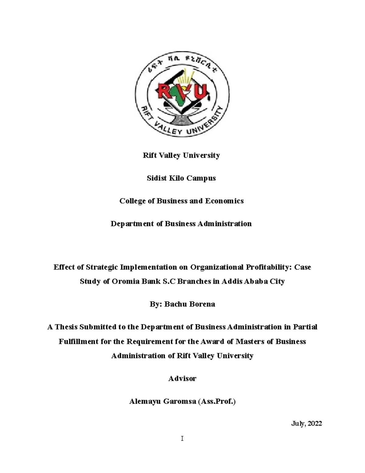 Banu 1st draft - ass - Rift Valley University Sidist Kilo Campus ...