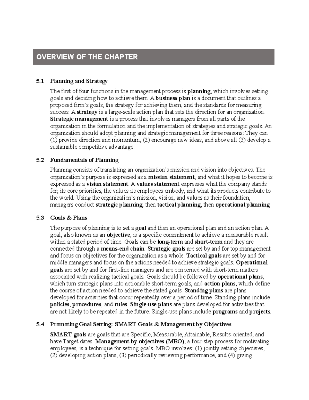 Chapter 5 Overview - Dione Davis - OVERVIEW OF THE CHAPTER 5 Planning and Strategy The first of ...