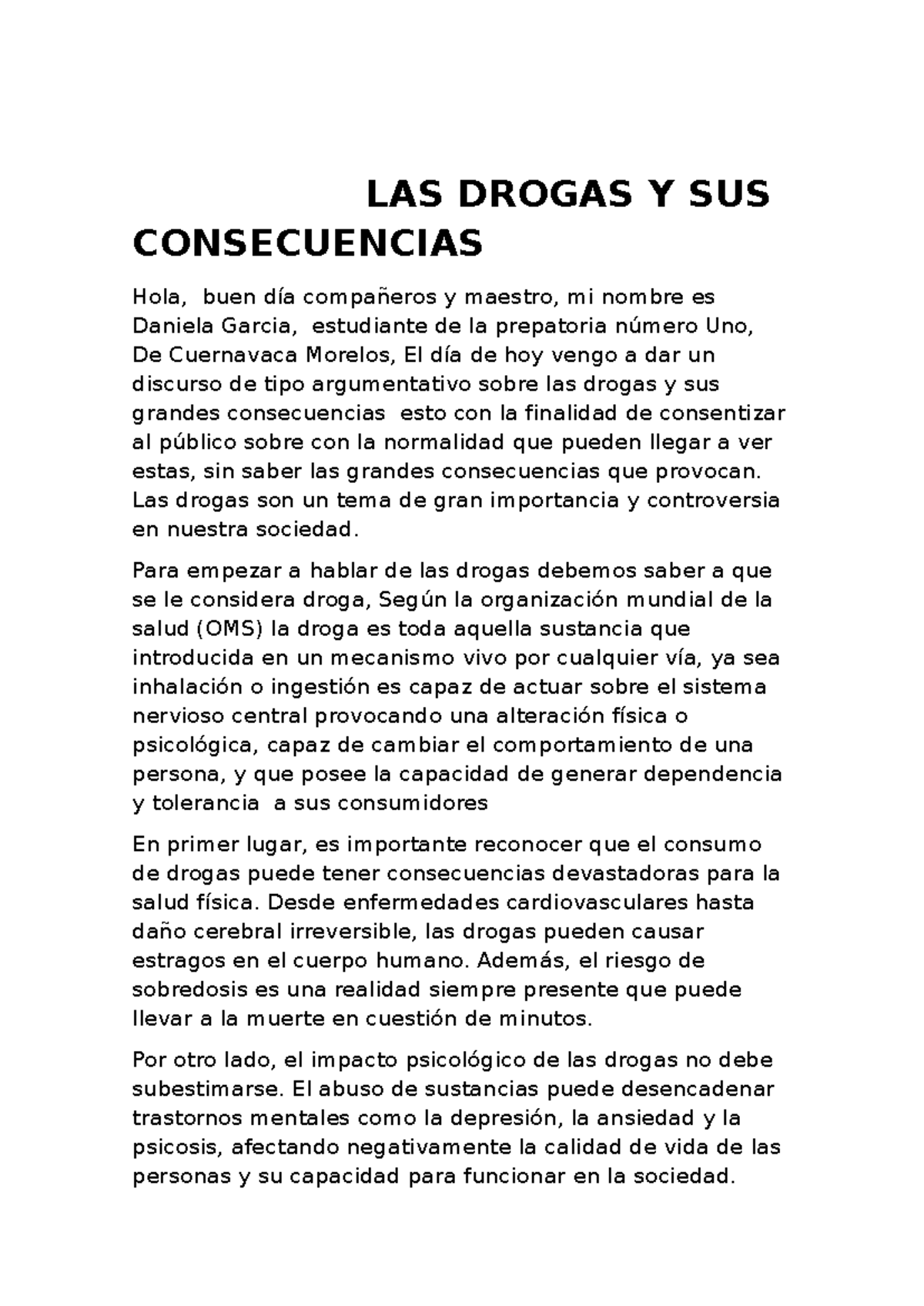 Documento - Sss - LAS DROGAS Y SUS CONSECUENCIAS Hola, buen día ...
