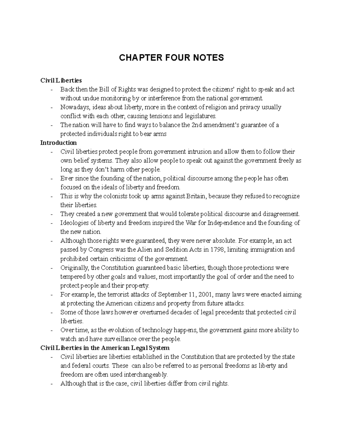 Chapter 4 Notes - CHAPTER FOUR NOTES Civil Liberties - Back then the ...