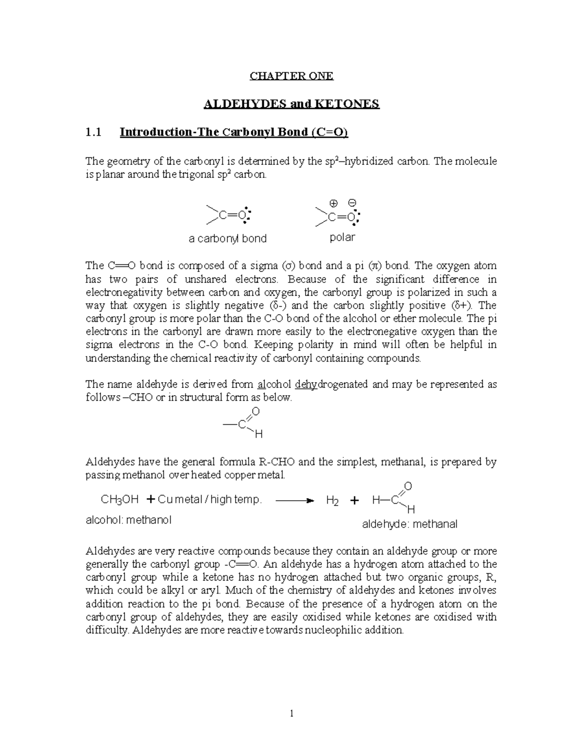 organic chemistry - CHAPTER ONE ALDEHYDES and KETONES 1 Introduction ...