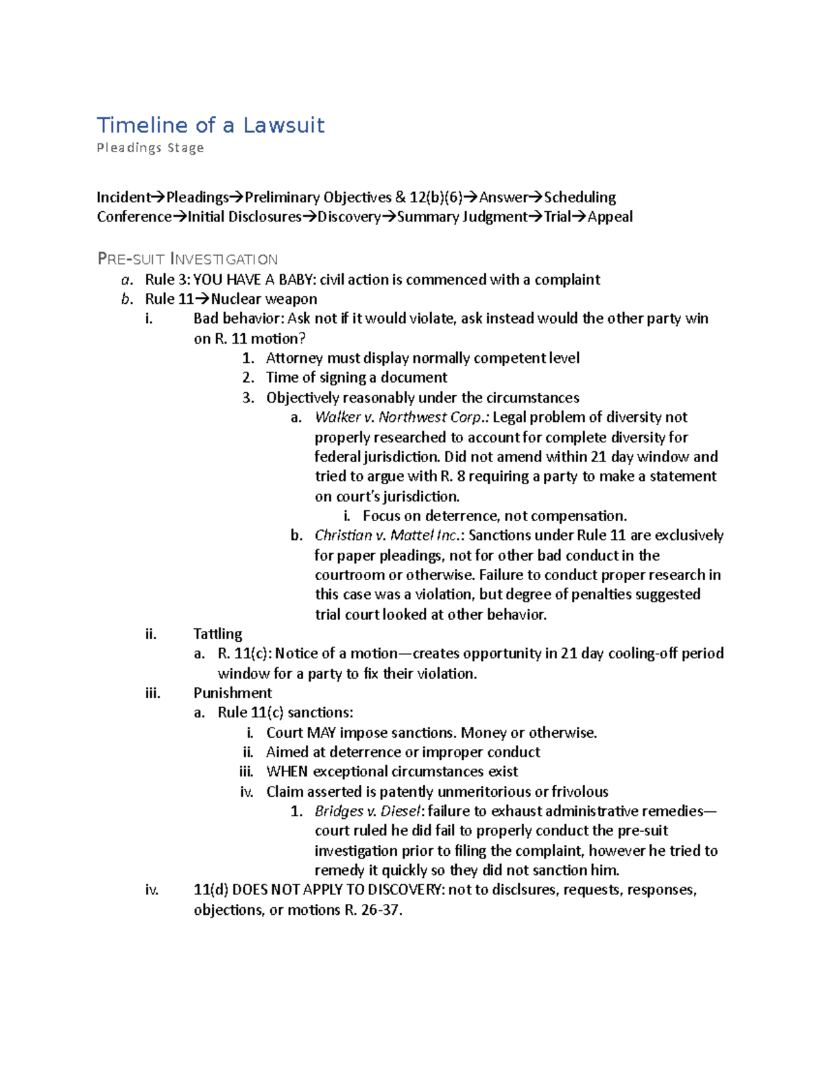 Civ Pro I Final Outline - Timeline of a Lawsuit Pleadings Stage ...