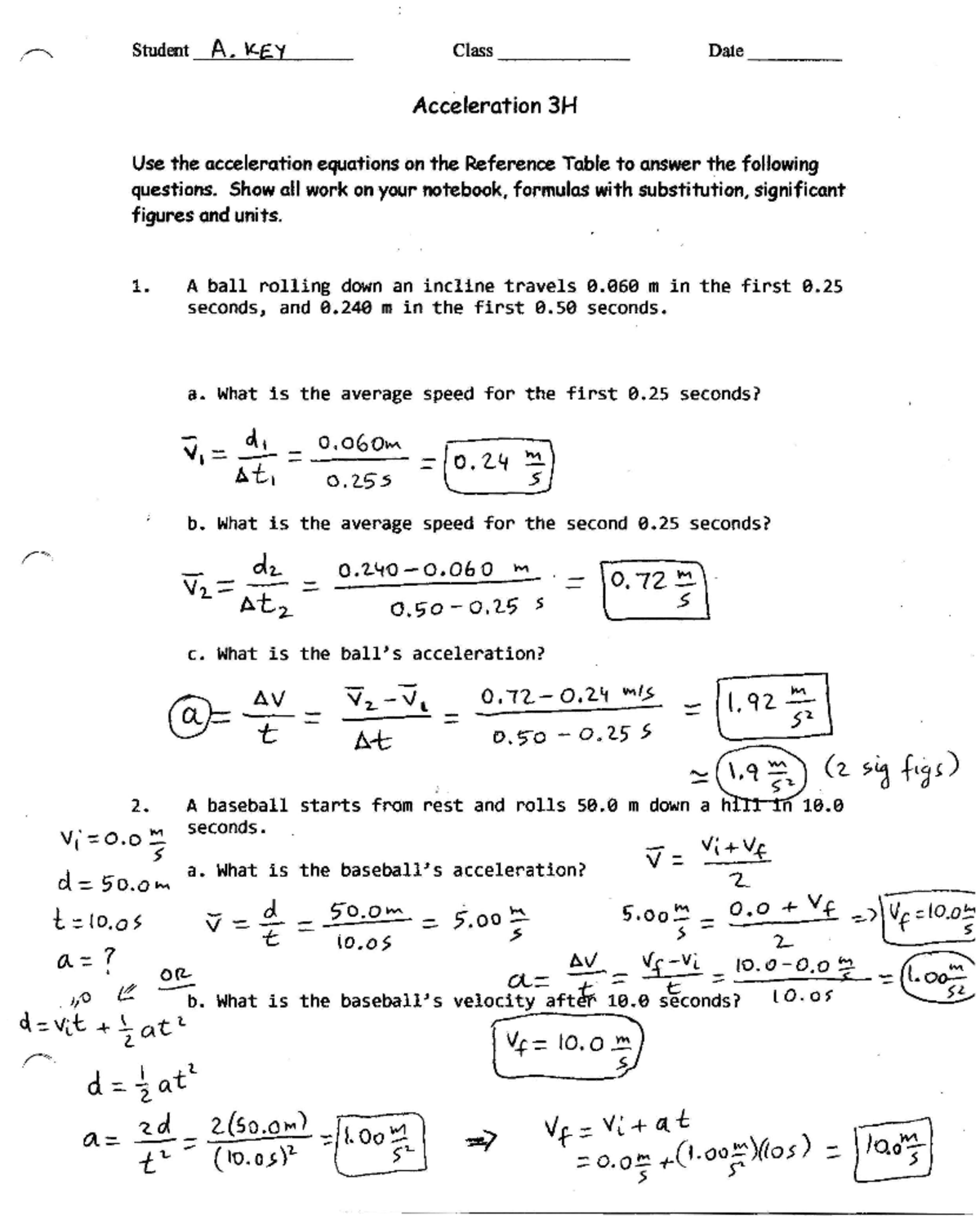 Acceleration 3H ak - Accerlertion problems with answers - Student A" \C ...