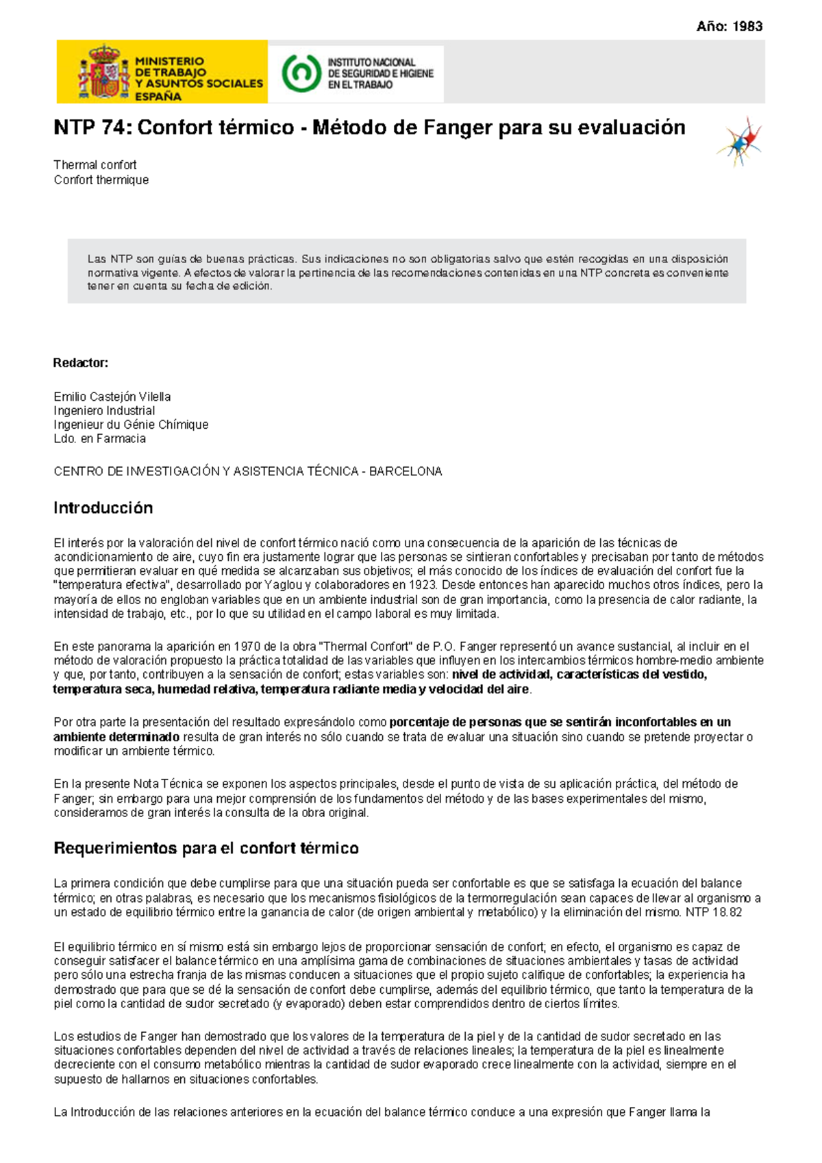 Confort termico Metodo de Fanger - NTP 74: Confort térmico - Método de ...